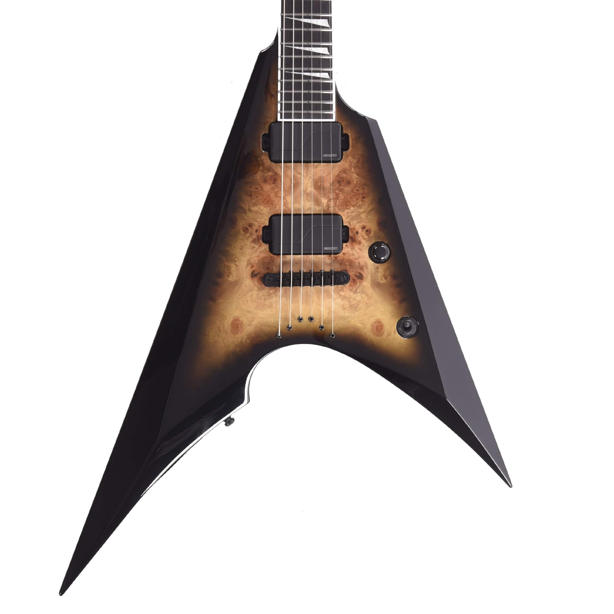 ESP E-II Arrow NT Burl Maple Nebula Black Burst – Chicago Music Exchange