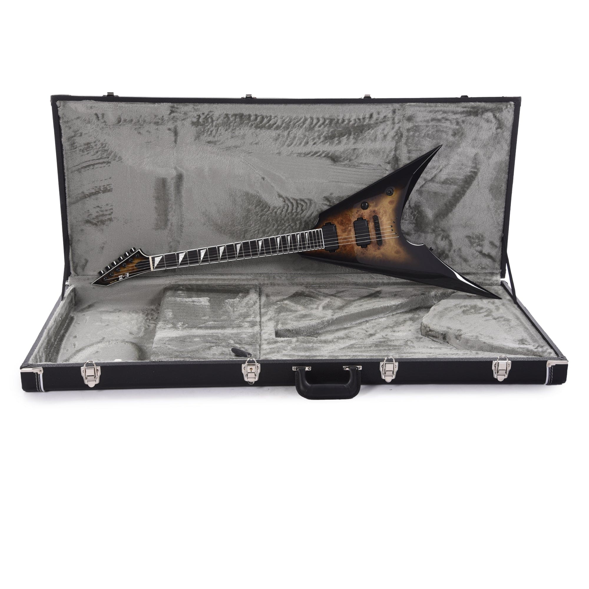 ESP E-II Arrow NT Burl Maple Nebula Black Burst – Chicago Music Exchange