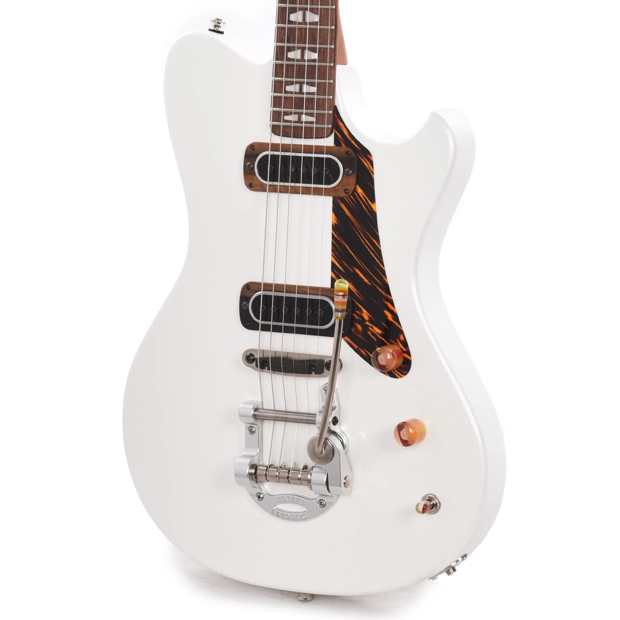Powers Electric A-Type Pearl White w/PF42 Pickups & Firestripe PIckgua – Chicago Music Exchange