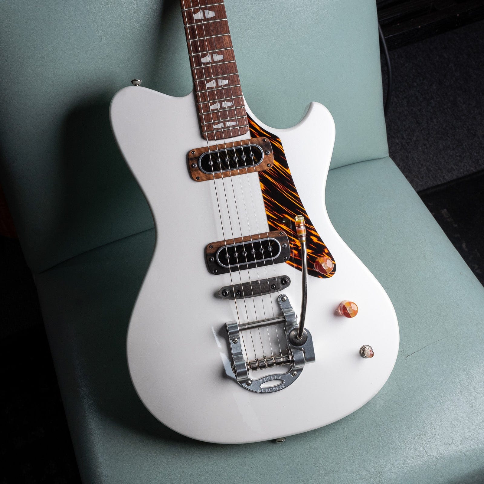 Powers Electric A-Type Pearl White w/PF42 Pickups & Firestripe PIckgua – Chicago Music Exchange