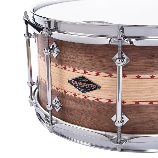 Craviotto 6.5x14 Walnut/Ash/Walnut Stacked Solid Snare Drum w/Red Inla ...