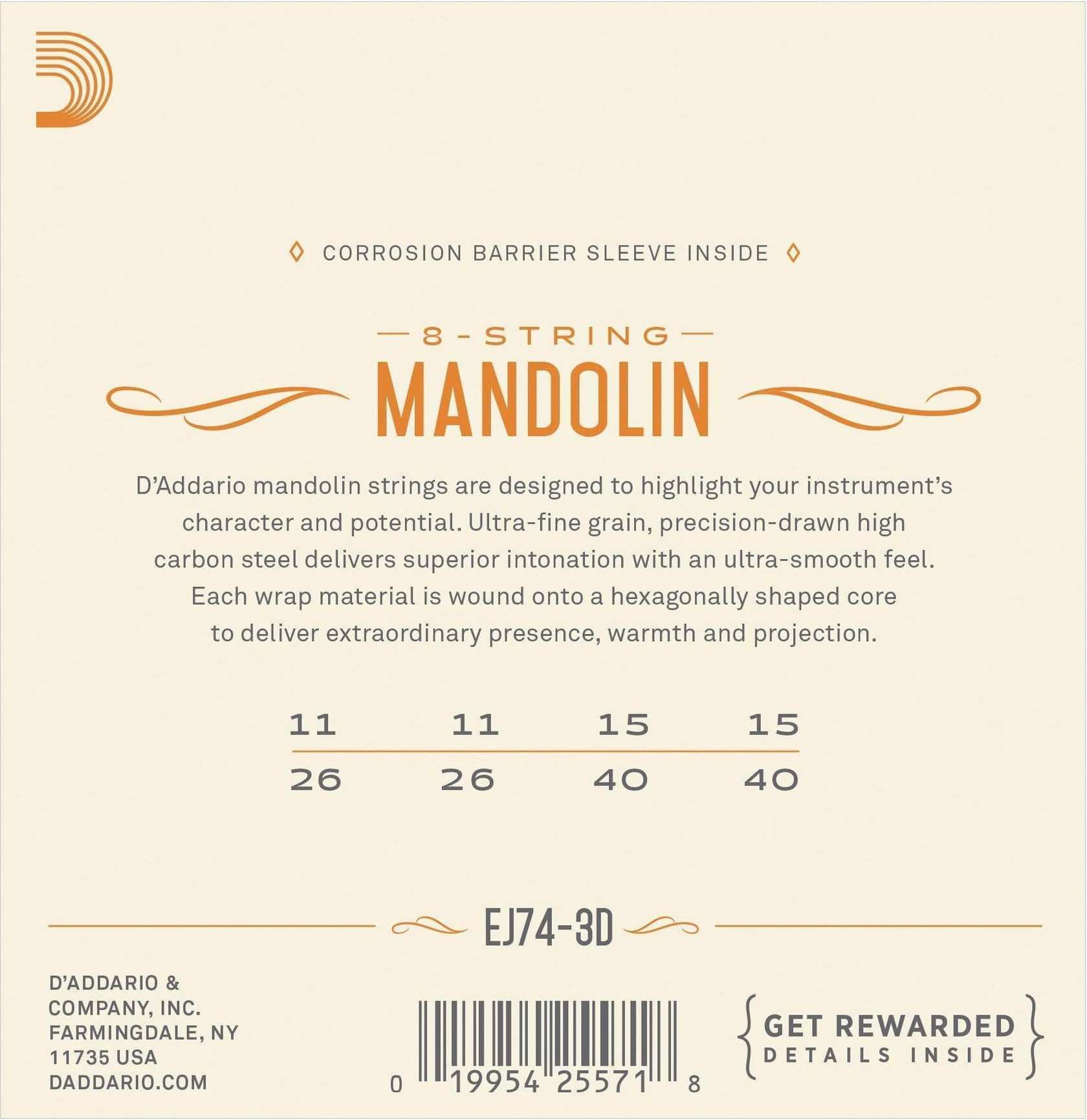 D'Addario EJ74-3D Mandolin Strings Phosphor Bronze 11-40 Medium 3-Pack ...