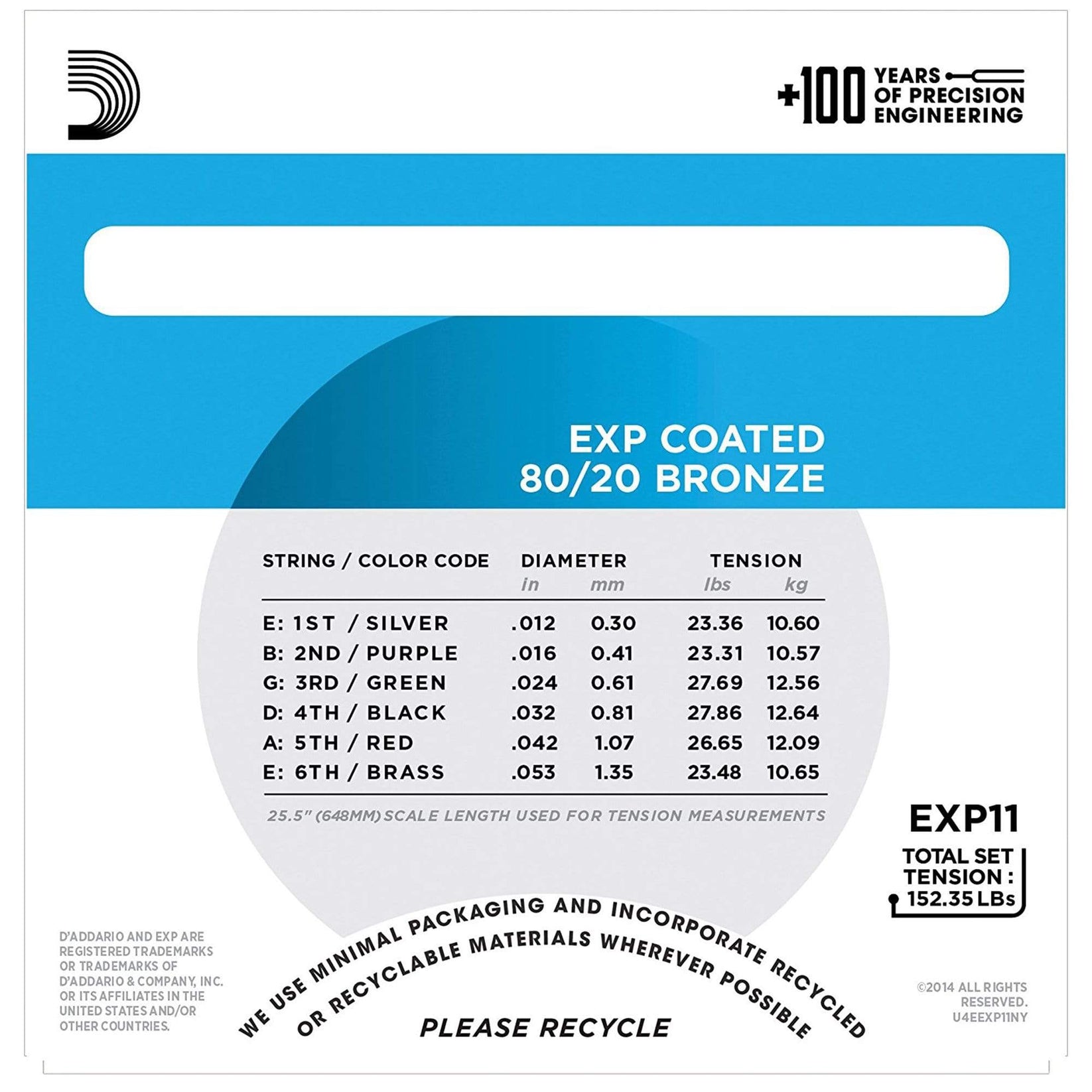 D'Addario EXP11 Coated 80/20 Bronze Light 12-53 – Chicago Music Exchange