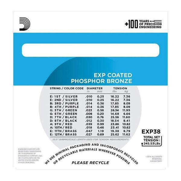 D'Addario EXP38 Coated Phosphor Bronze Acoustic 12-String Light 10-47 ...