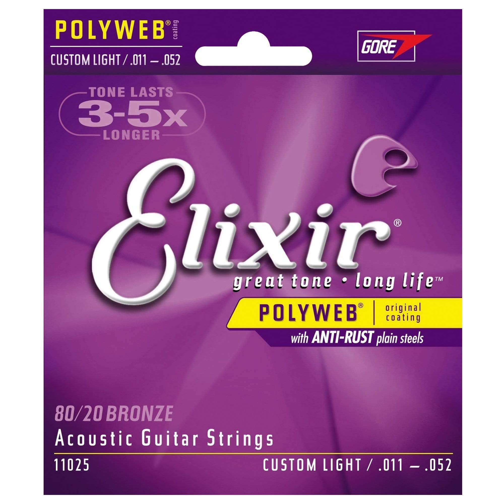 Elixir 11025 Acoustic 80/20 Poly Custom Light 11-52 (3 Pack Bundle ...