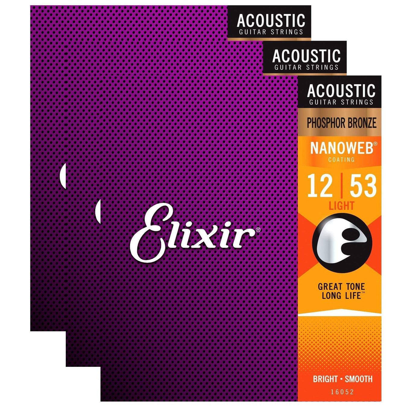 Elixir 16052 Acoustic Phosphor Bronze Nano Light 12-53 (3 Pack Bundle ...