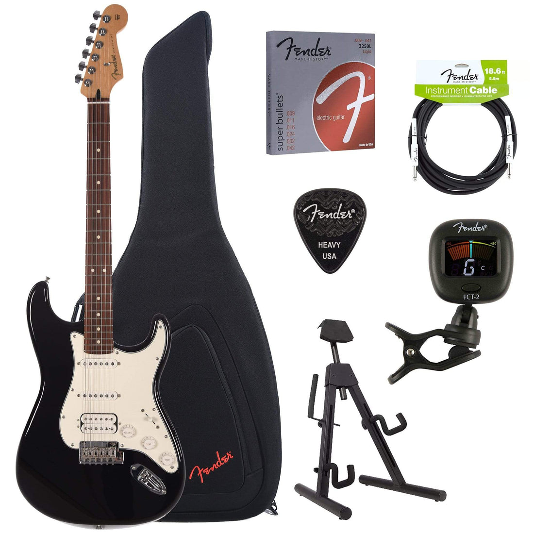 Fender Player Stratocaster HSS Black Bundle w/Fender Gig Bag, Stand, C ...