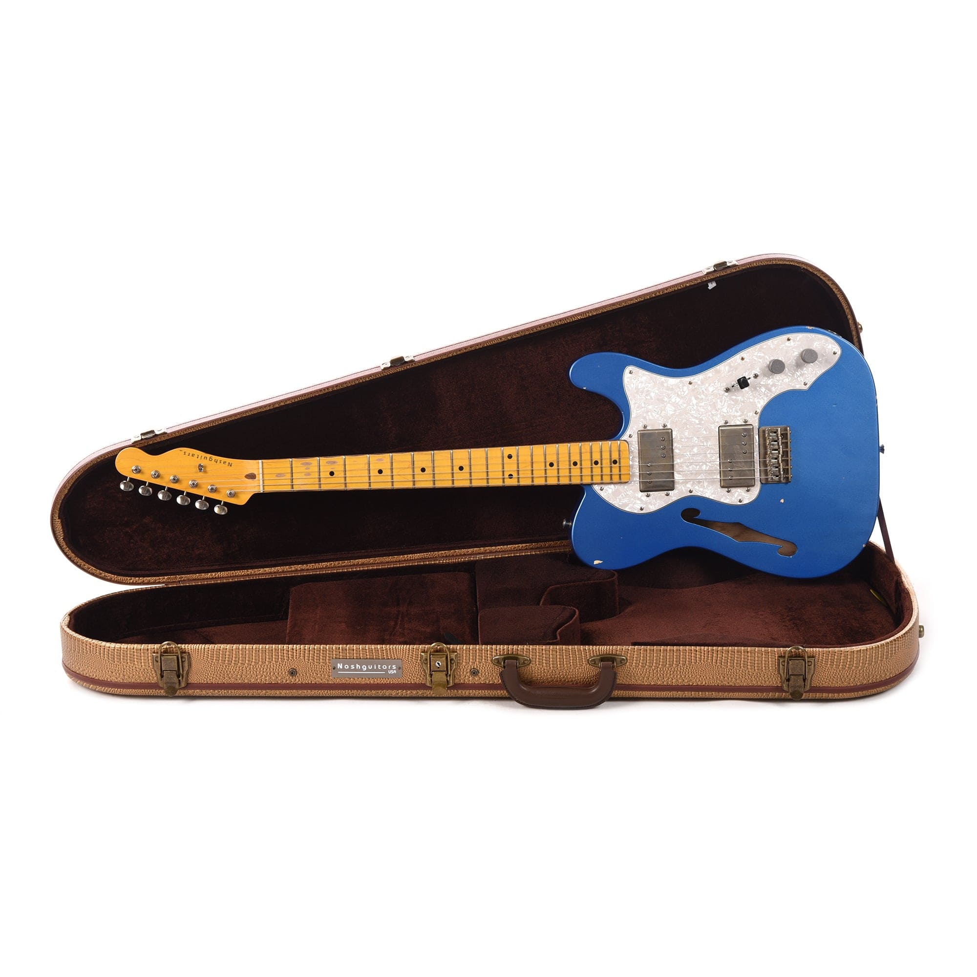 Nash T-72 Thinline Ash Lake Placid Blue Light Aging w/Pearloid Pickgua ...