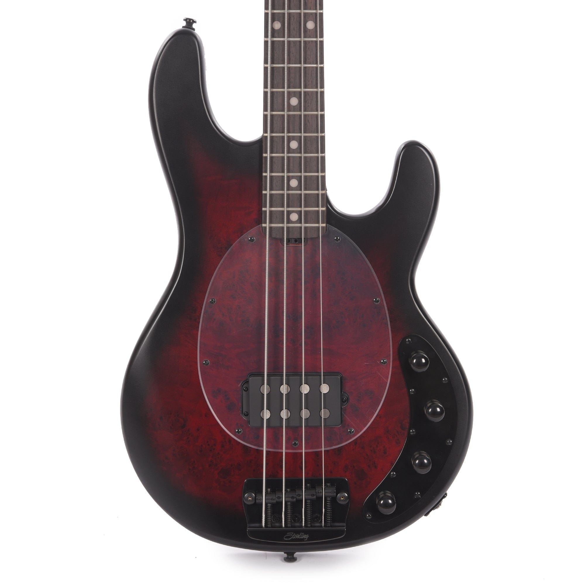 Sterling by Music Man StingRay RAY34 Poplar Burl Dark Scarlet Burst Sa ...